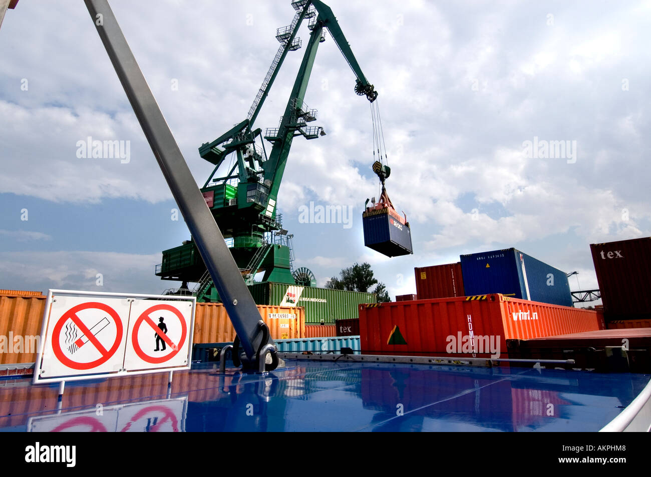 Rhine Germany container transport containers boat vessel german Stock ...