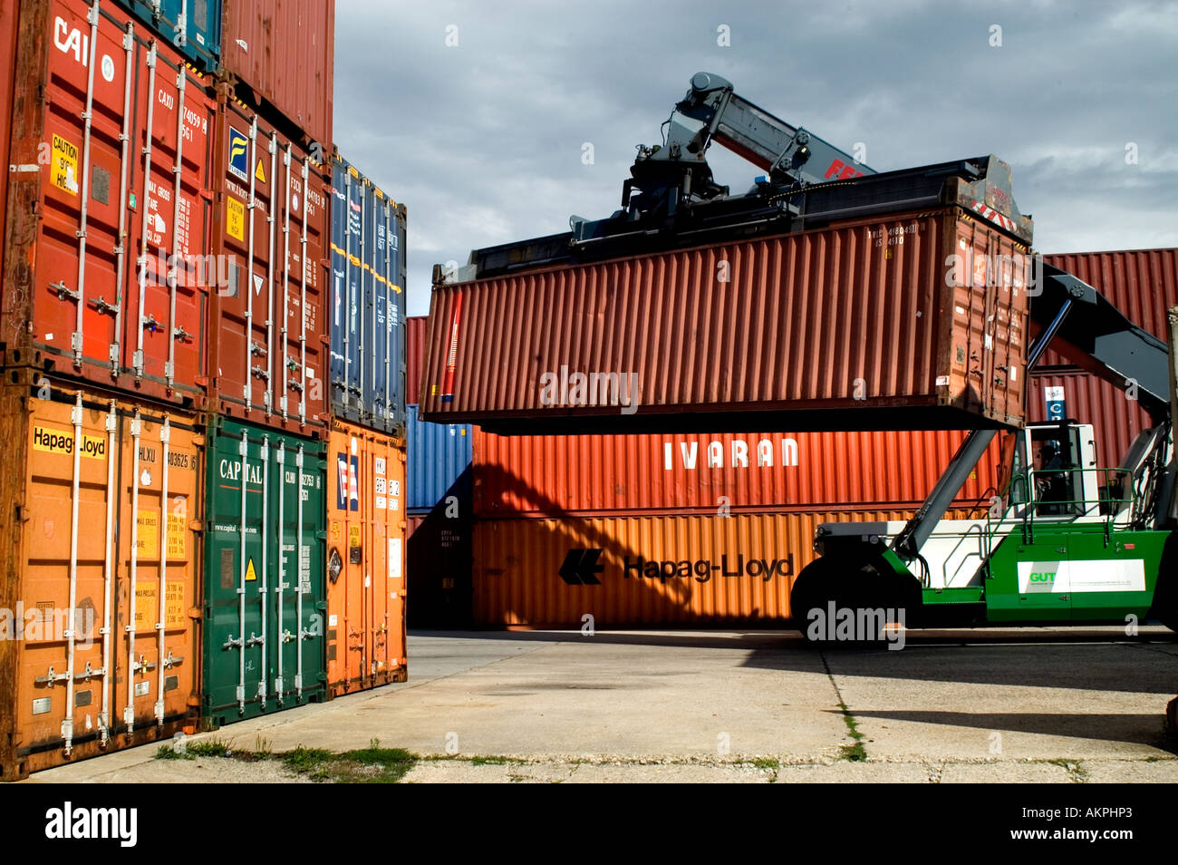 Rhine Germany port harbour container containers Stock Photo - Alamy