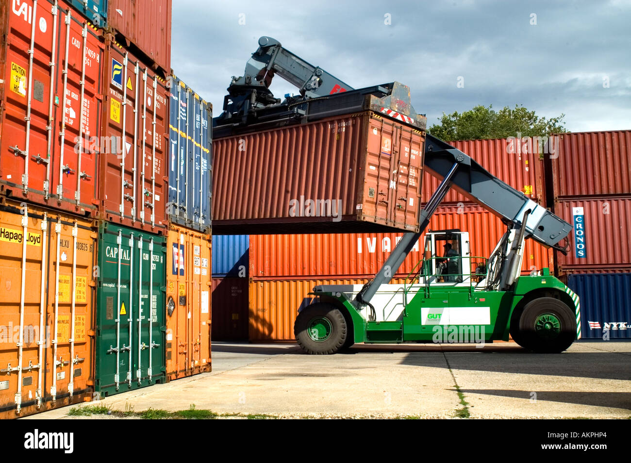 Rhine Germany port harbour container containers Stock Photo - Alamy