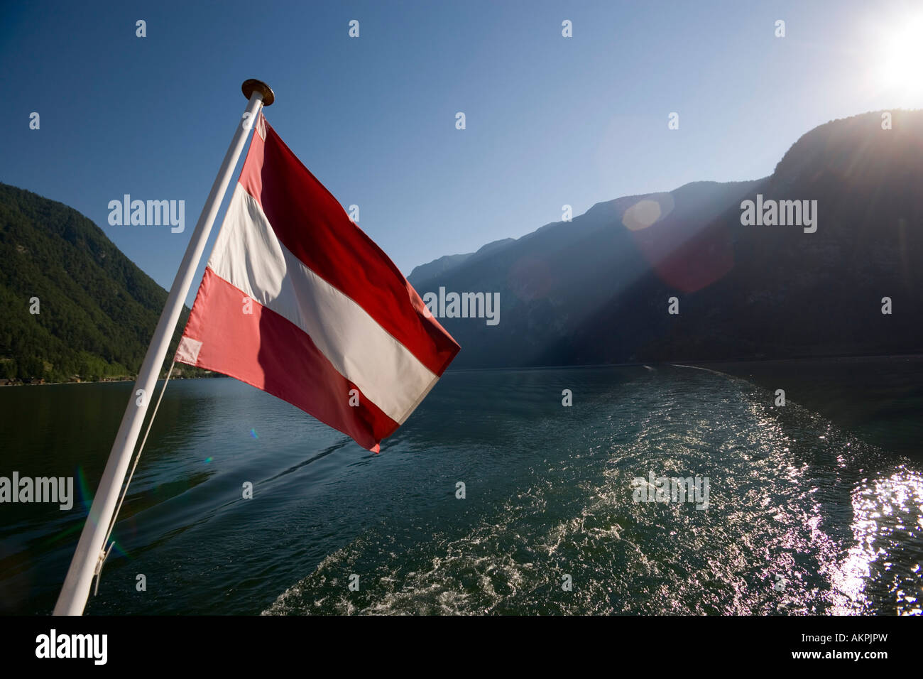 Austrian flag at stern of a ship on Lake Hallstatt Hallstatt ...