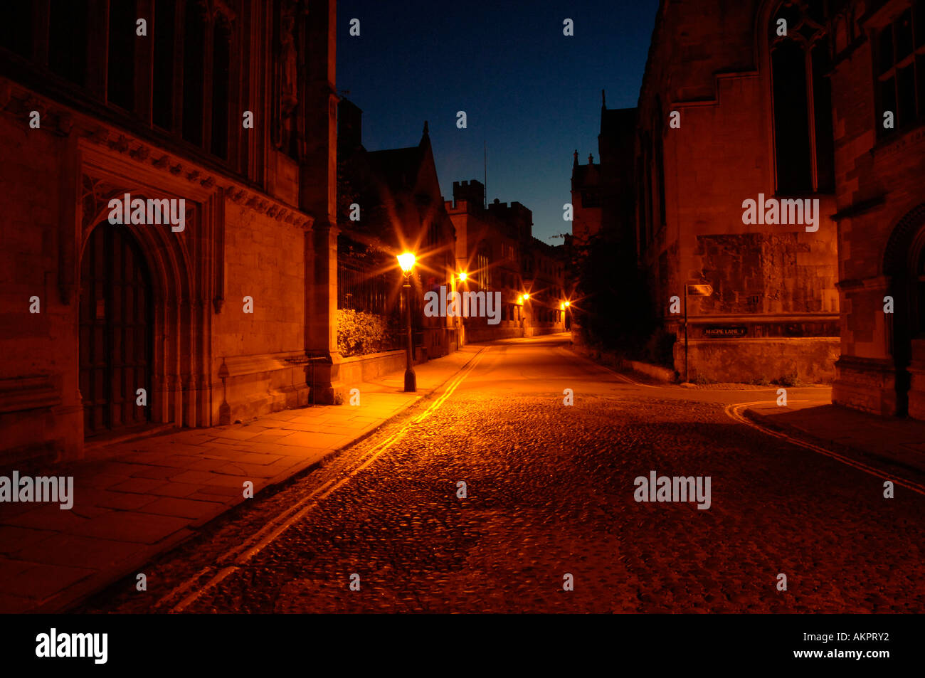 Merton Lane and College from Oriel Square at night, Oxford Stock Photo ...