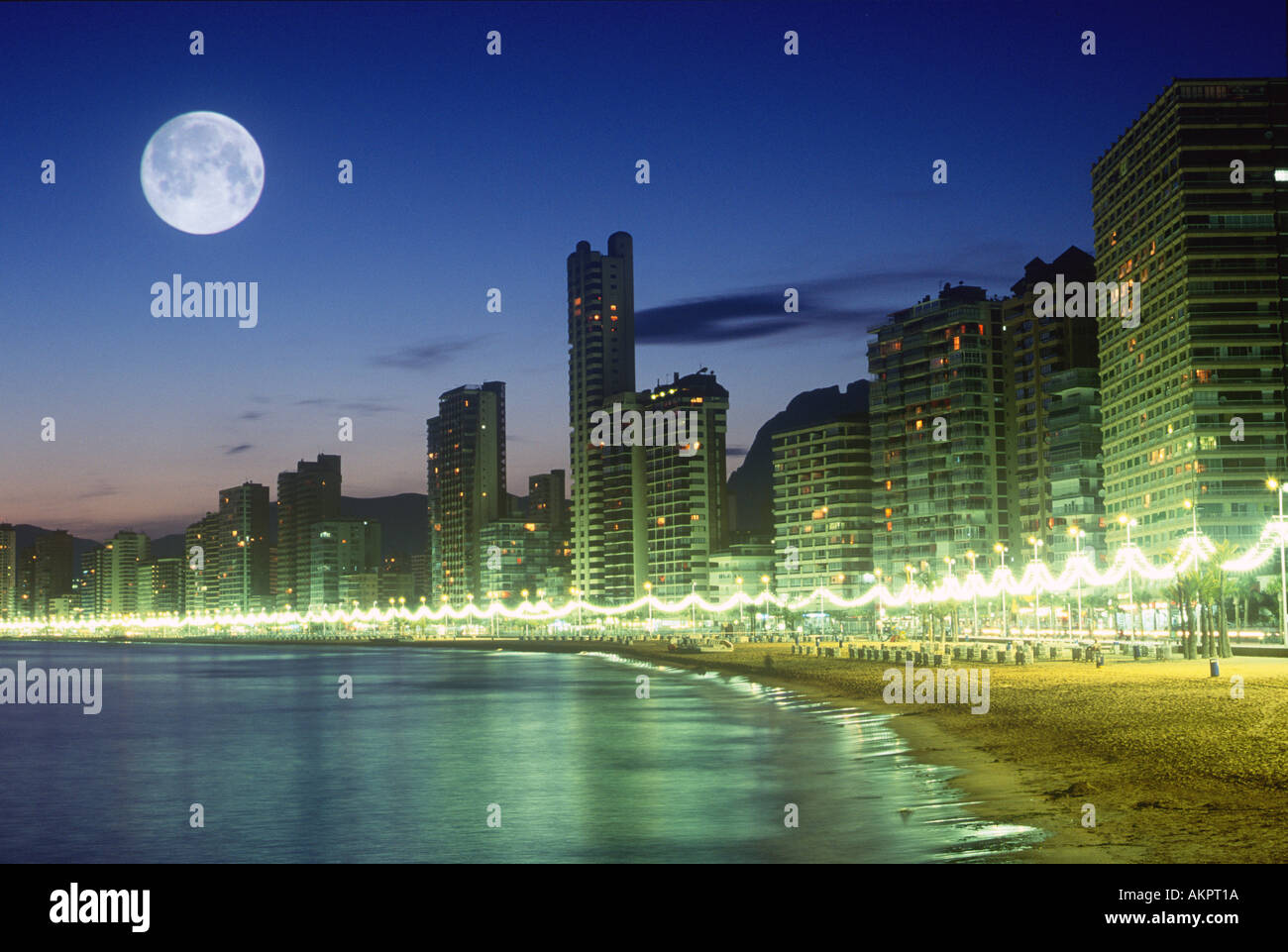 Sea Front at Dusk with Full Moon Benidorm Southern Spain Stock Photo ...