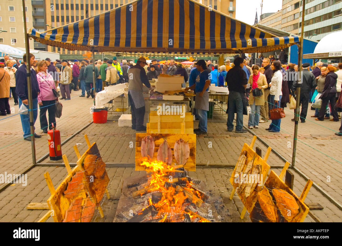 Salmon cooked over open fire at Pori market square Finland EU Stock ...