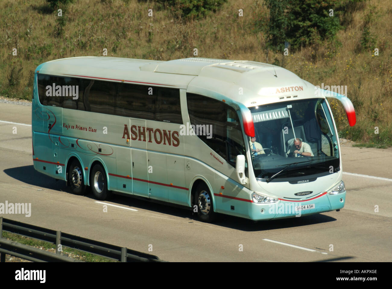 M25 motorway Ashtons twin rear axle coach Stock Photo - Alamy