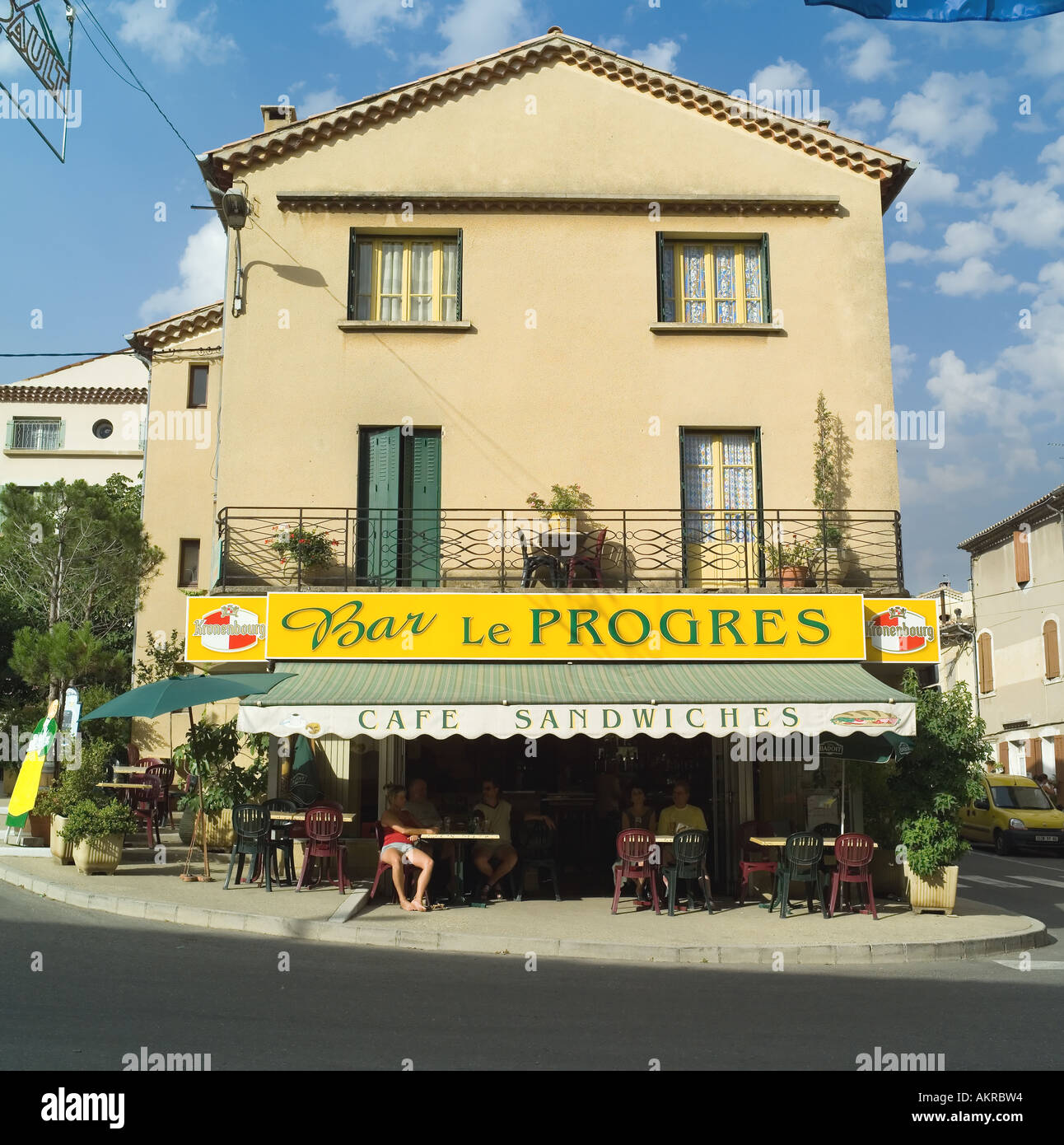 Bar le Progrès, shaded café pavement terrace, house, Sault, Vaucluse ...