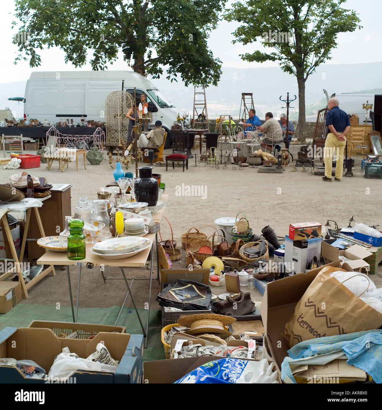 Annual flea market, stalls, people shopping, Sault, Vaucluse, Provence ...