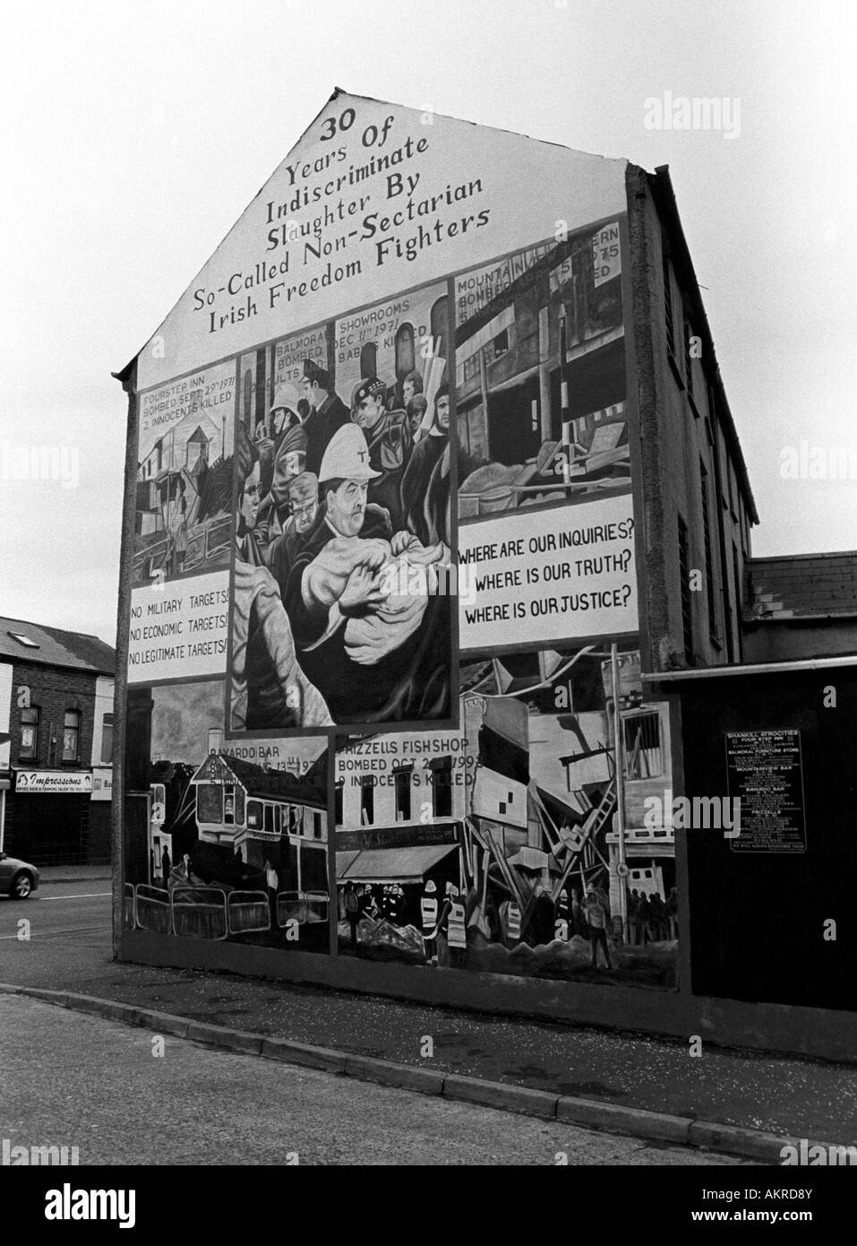 Mural commemorating the Shankill Atrocities on the Shankill Road, West ...