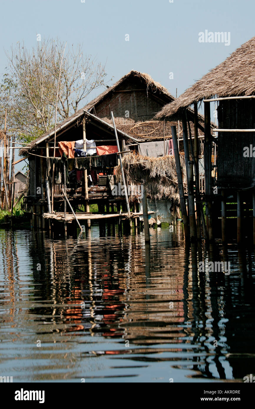 Stilted bamboo house at a floating village on Inle Lake, Shan State ...