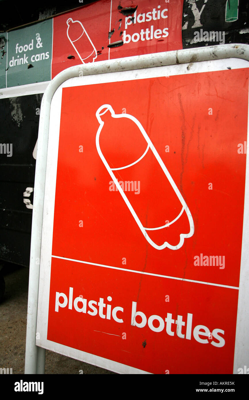 A sign for recycling of plastic bottles in a recycling site in North ...