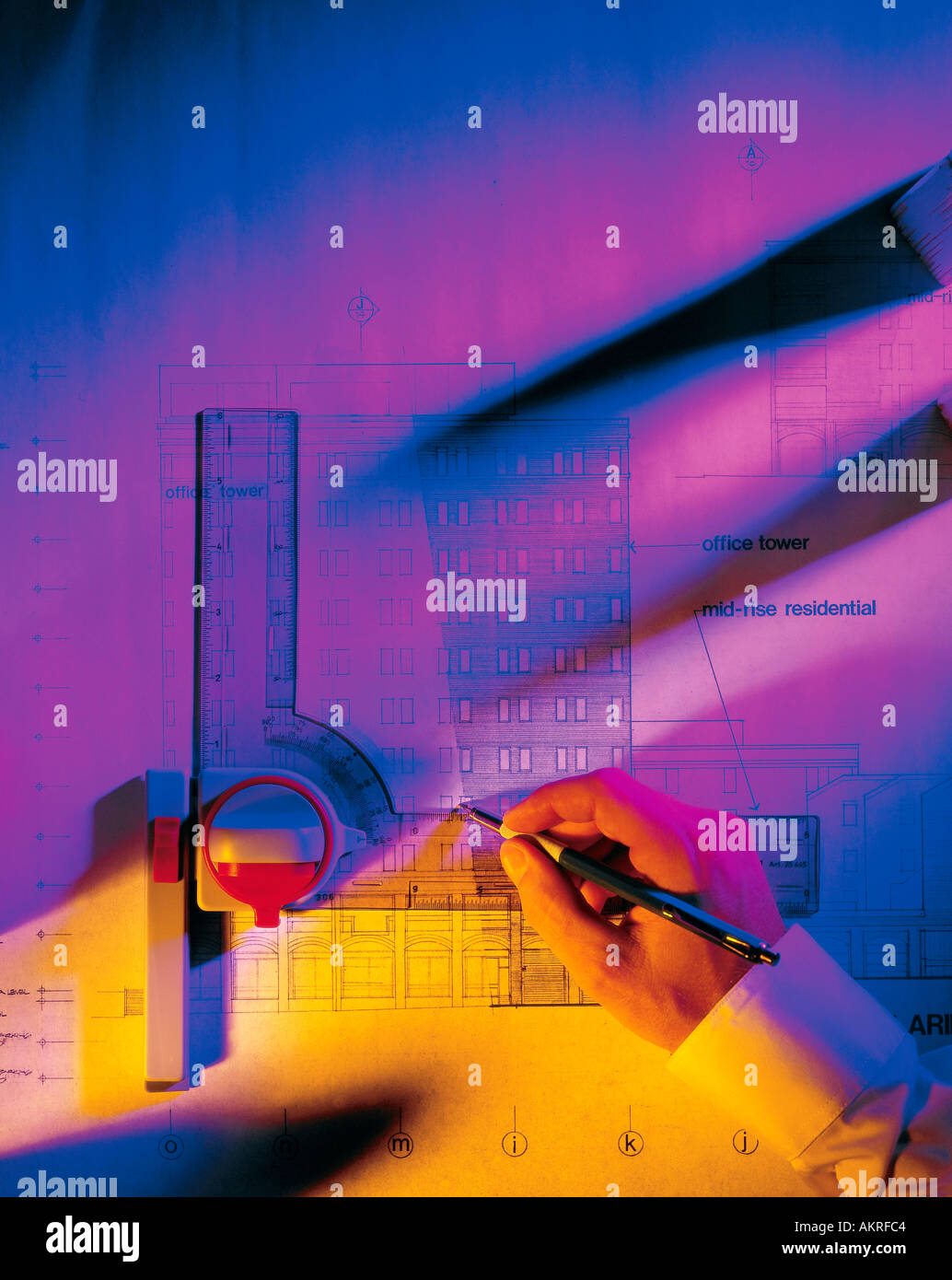 hand drawing on design for building using drafting tools Stock Photo ...