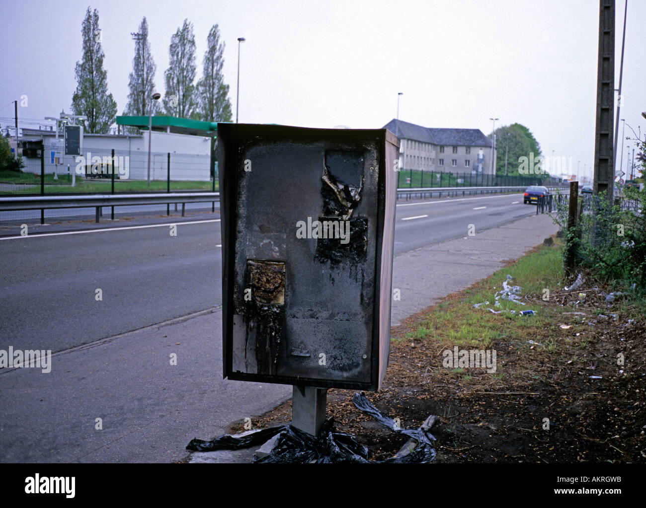 France riots, RN 10 Trappes town, radar set on fire Stock Photo - Alamy
