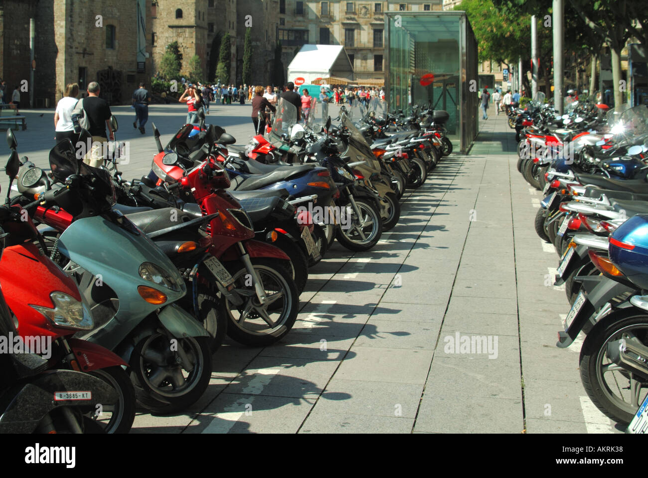 Barcelona long lines of parked motorbikes scooters and mopeds on ...