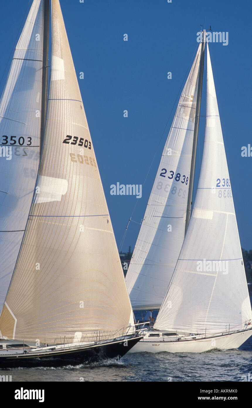 Stock image of two sailboats racing into the wind on the lower St John ...