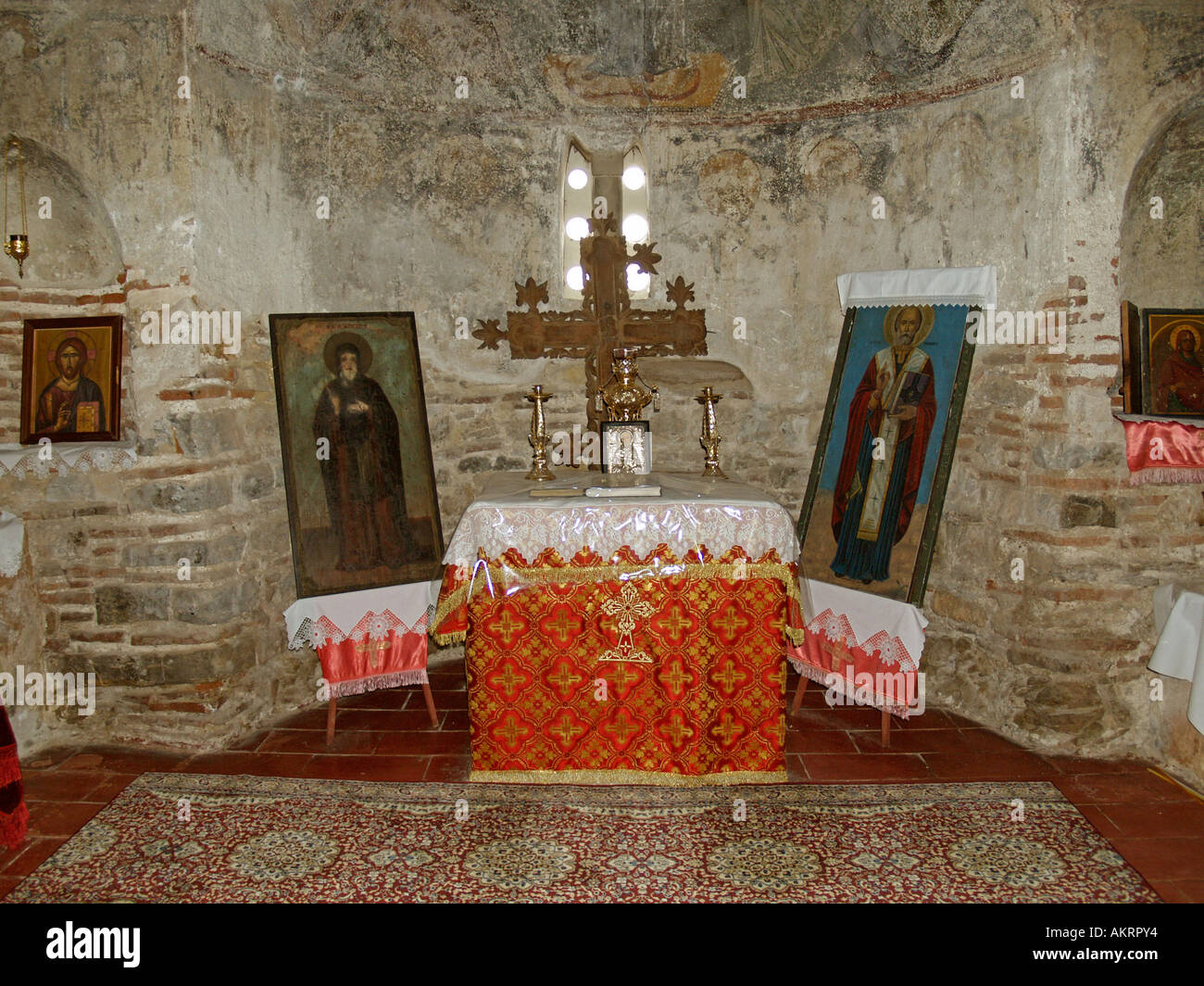 icons pictures of saints in an Greek Orthodox church chapel Stock Photo ...
