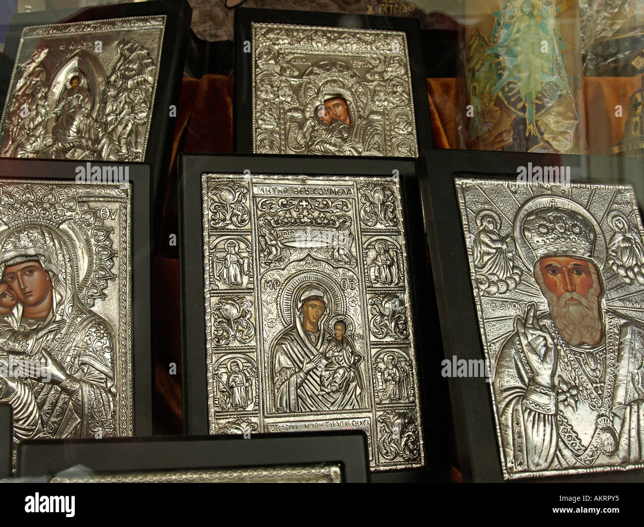 Greek Orthodox silver icons pictures of saints in an for sale Stock ...