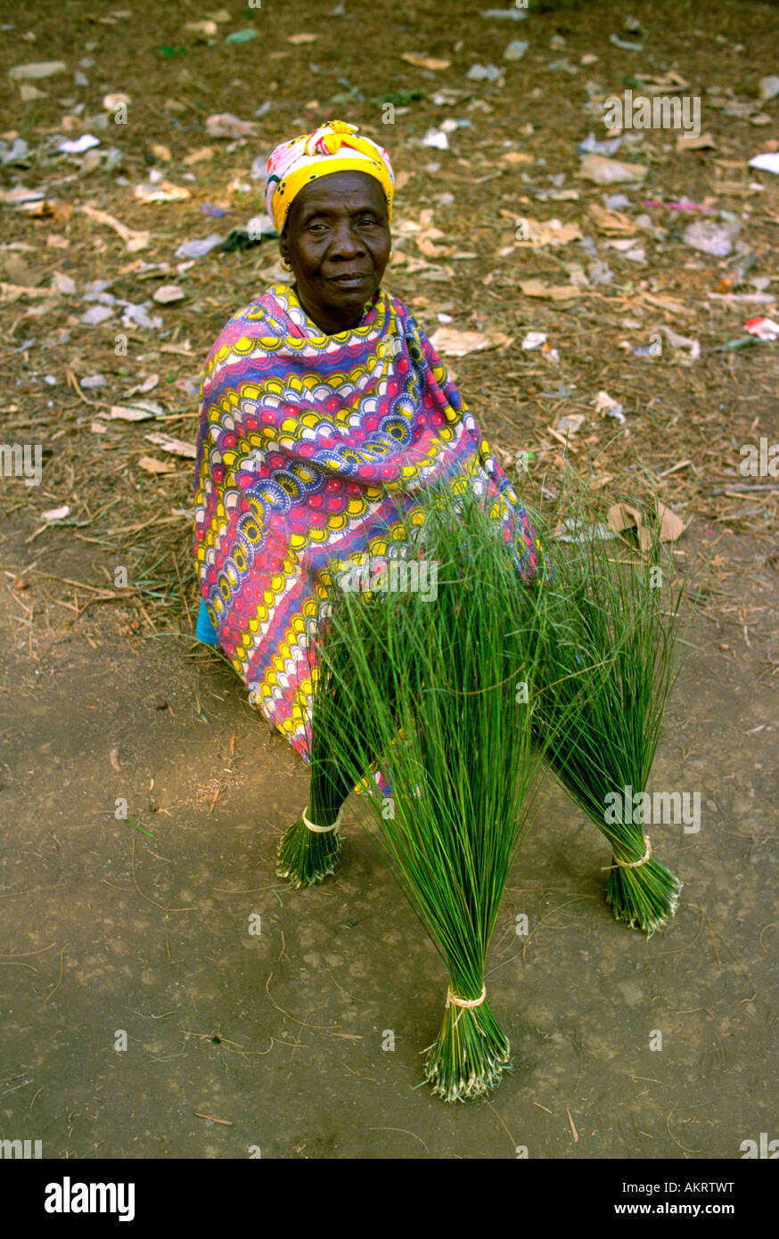 A woman sells bundles of green straw as brooms Stock Photo - Alamy