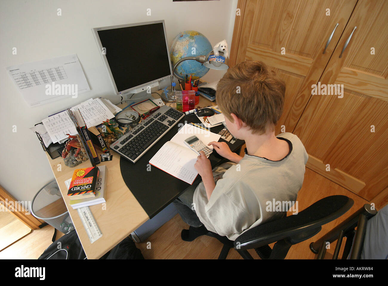 boy using calulator to do maths homework Stock Photo - Alamy
