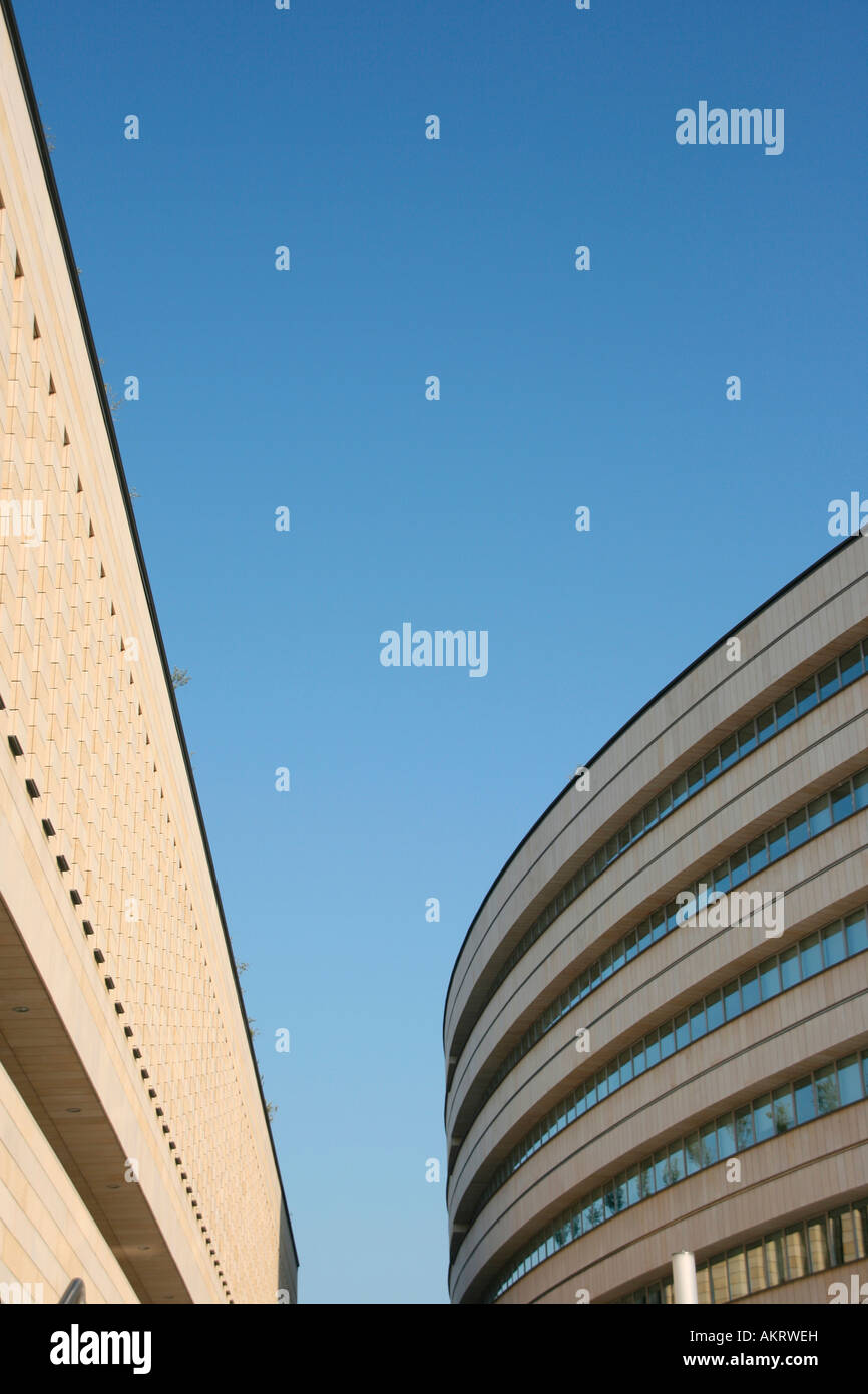 two modern buildings perspective view with blue sky background Stock ...