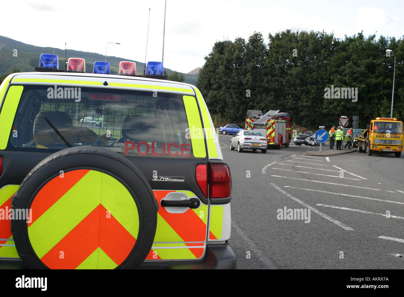 Police car blocking road after a road traffic accident Stock Photo - Alamy