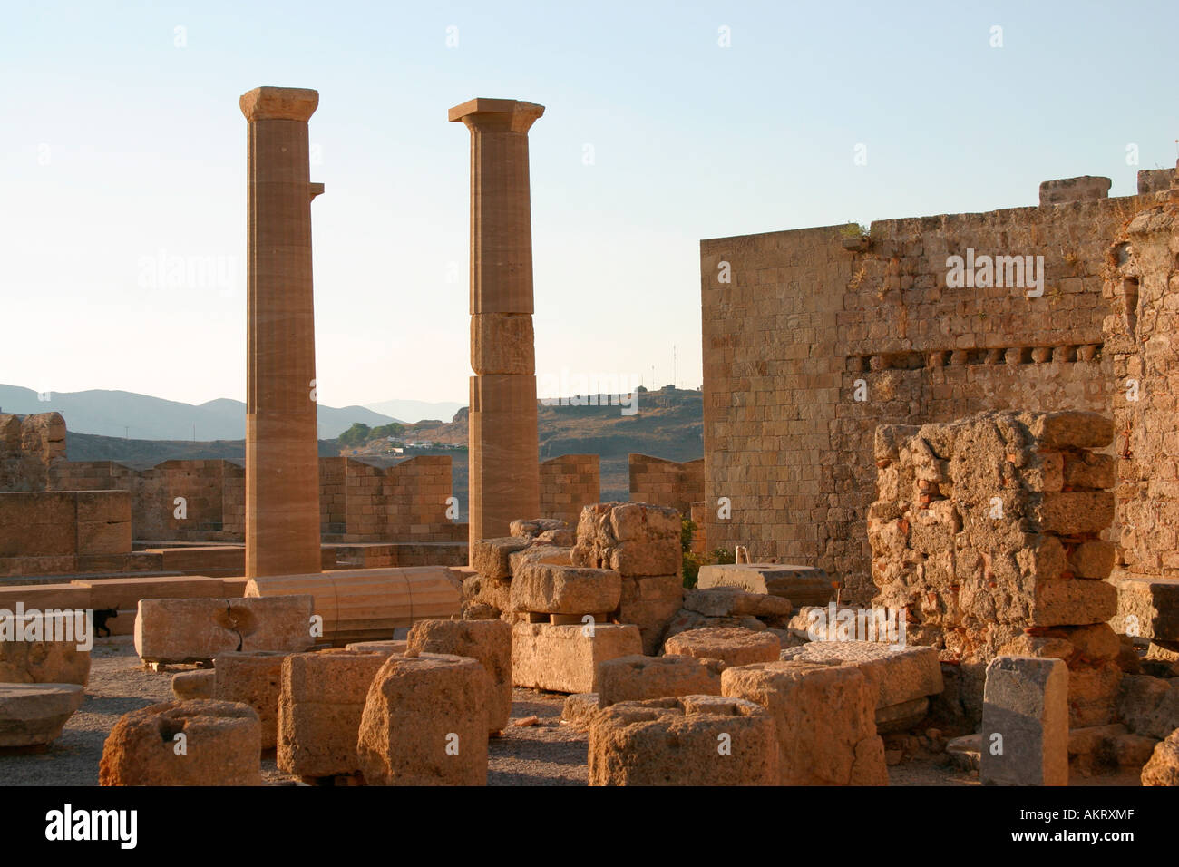The restored Doric Temple of Athena Lindia in Lindos, Rhodes Island ...
