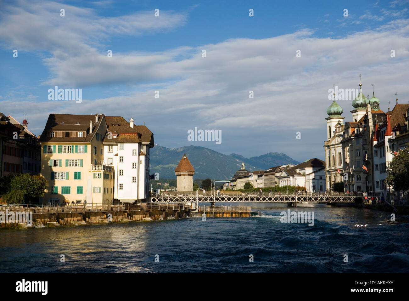 Reuss river with Rathaussteg Jesuit Church f and Wasserturm Lucerne ...