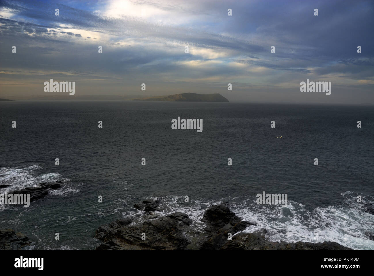 Wide angle view of Stepper Point, Padstow, Cornwall in early morning ...