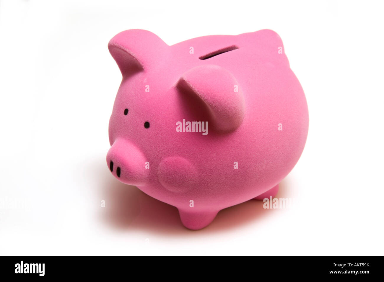 Pink piggy bank style money box isolated on a white studio background ...