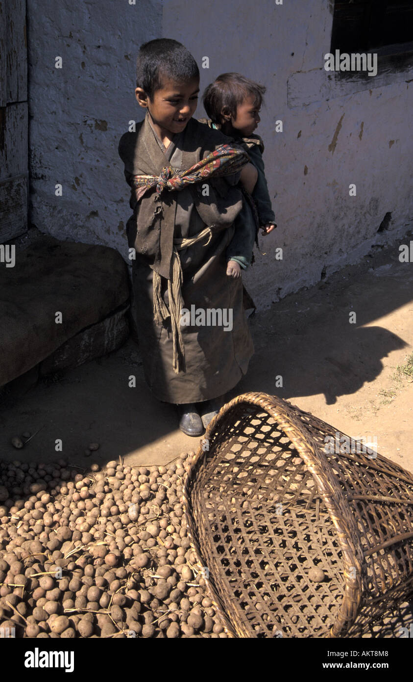 potato basket and children Everest trail Nepal Stock Photo - Alamy