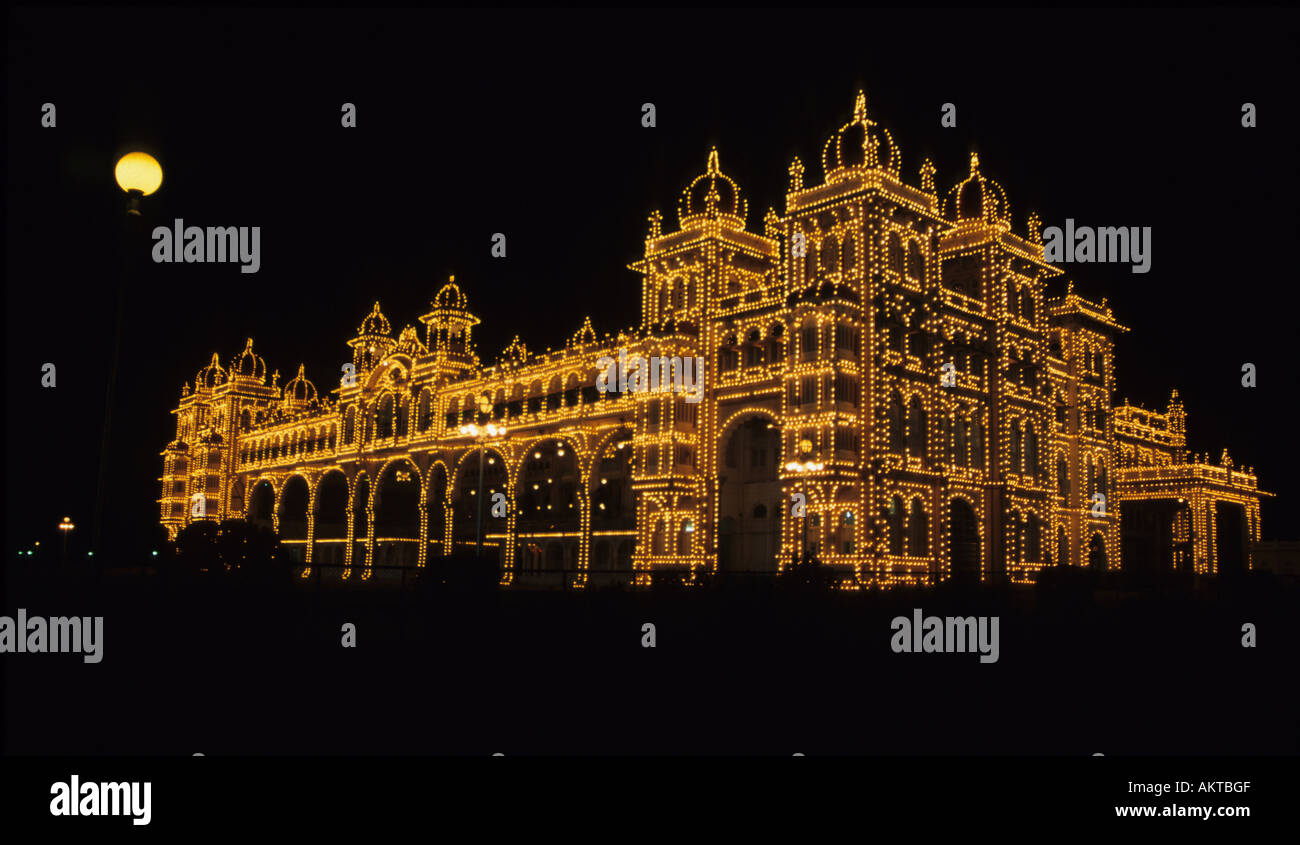 Mysore Palace illuminated at night, Mysore, Karnataka, India Stock ...