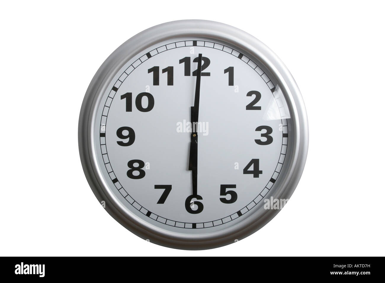 A stylish wall clock showing 6 o clock isolated on white with clipping ...