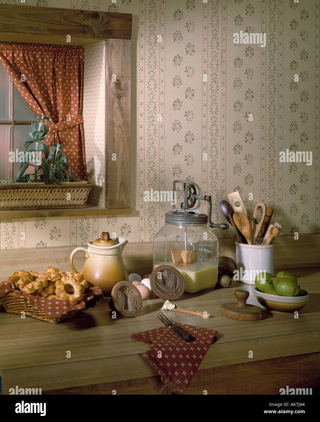 old fashion kitchen window scene wooden wood utensils butter molds ...