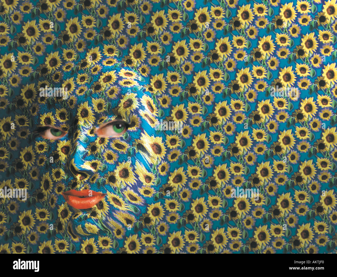 1 one female woman face pushing out of patterned wallpaper design ...