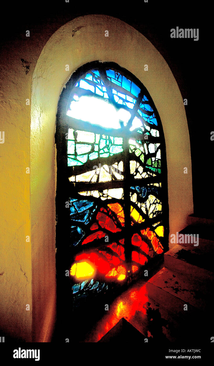 Stained glass church window showing volcano eruption at Notre Dame des ...