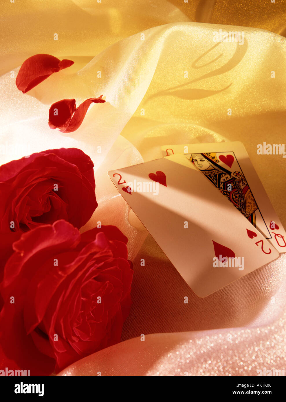 still life objects red rose 2 two playing cards queen of hearts deuce ...