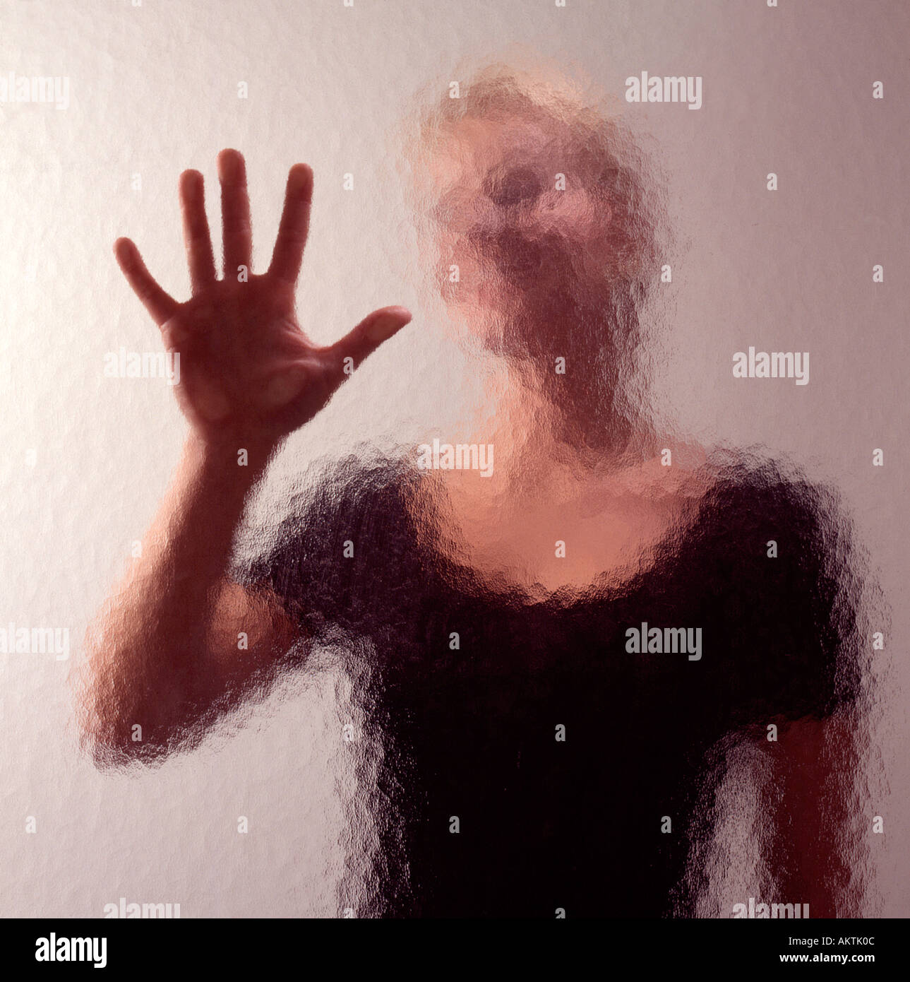 still life 1 one woman behind textured glass holding up palm hand five ...