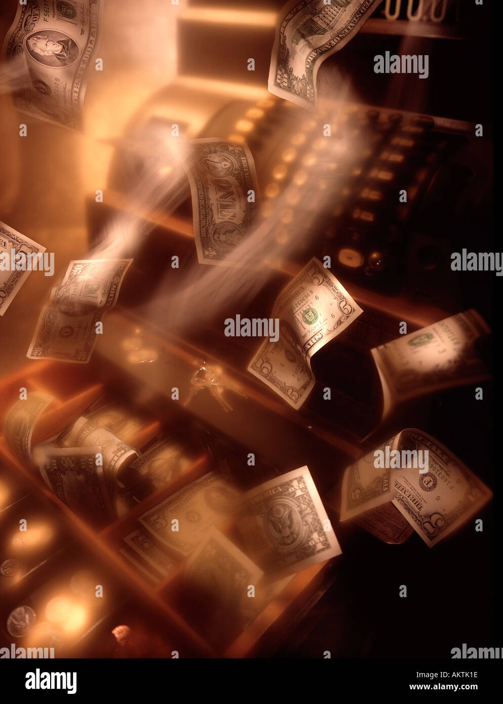 still life antique brass cash register w money flying out of into ...