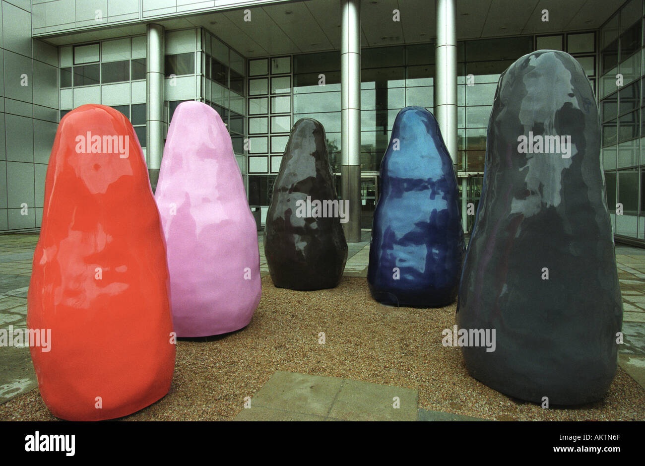 Five coloured blobby sculptures outside an office building in Glasgow ...