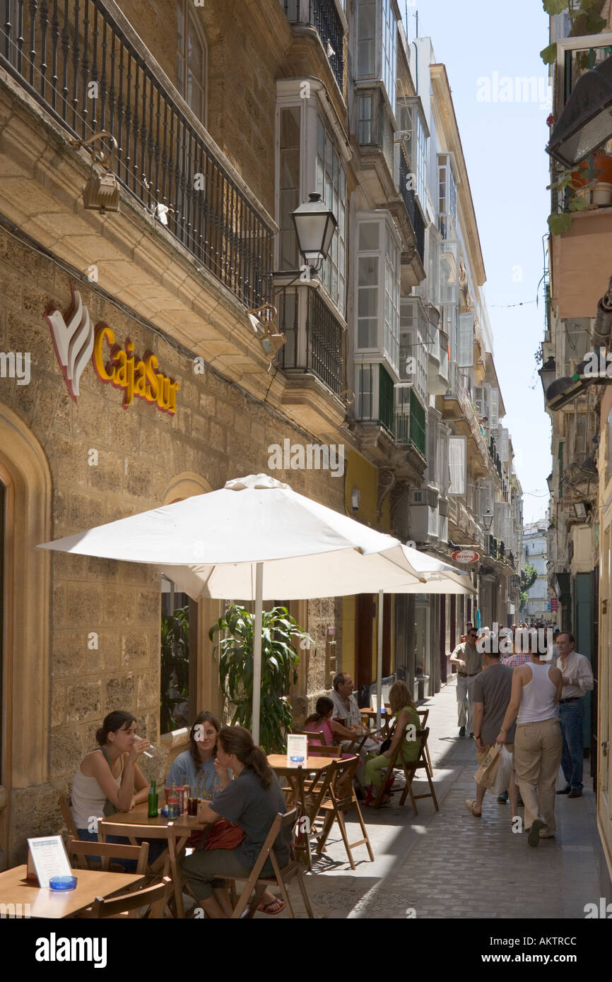 Cafe on a typical street in the Old Town, Cadiz, Andalucia, Spain Stock ...