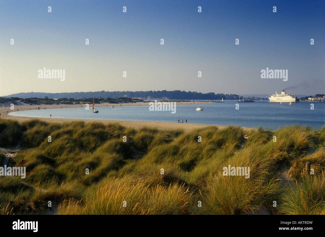 Ferry entering Poole Harbour and passing Shell Bay Dorset England UK ...