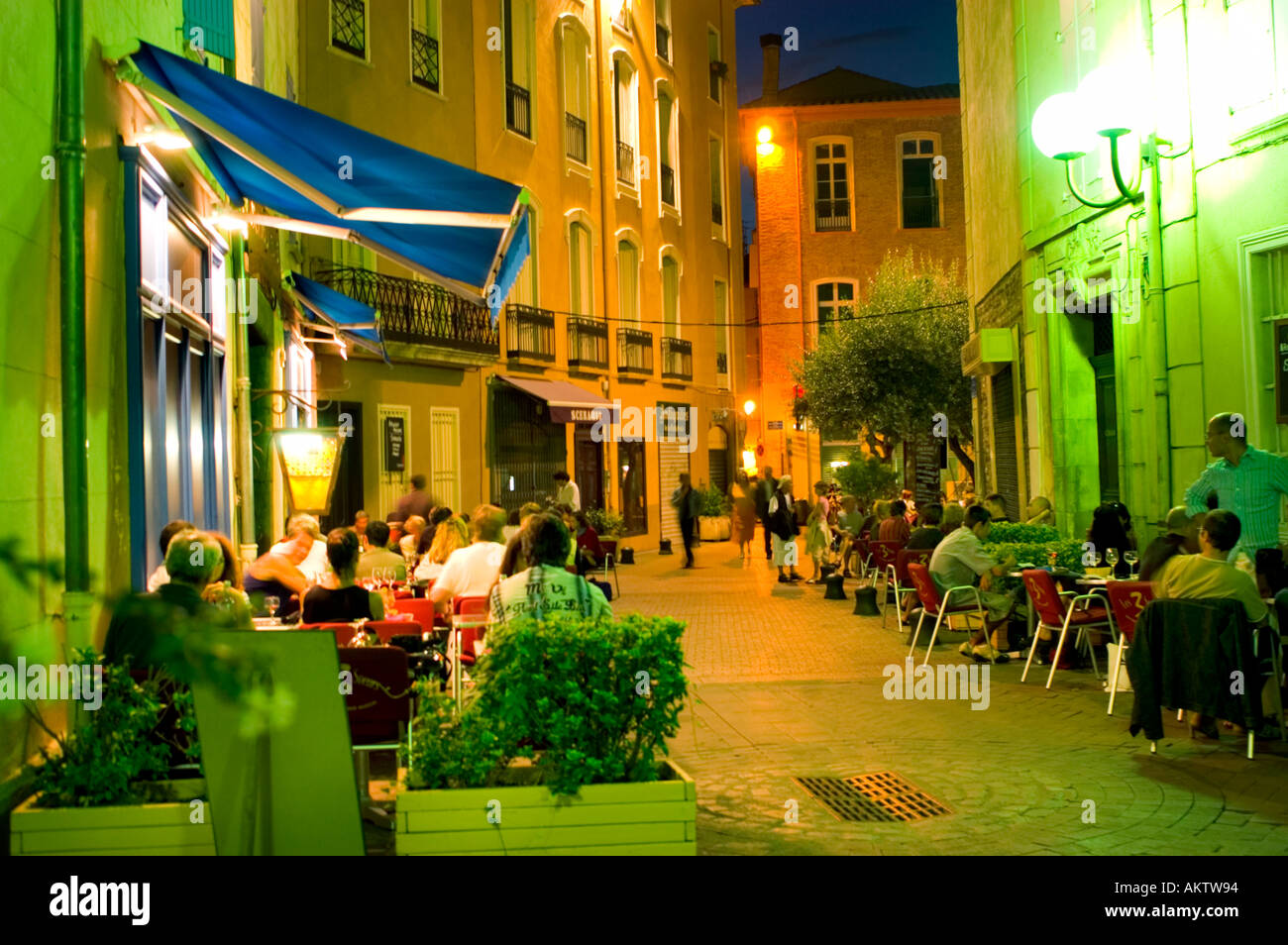 Perpignan France, French Bistro Restaurant Terrace Street Scene in Town ...