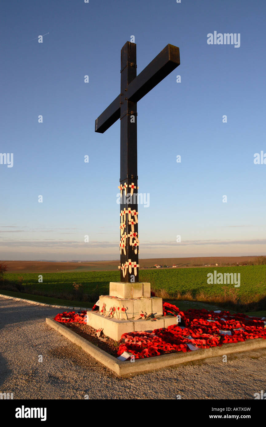 The cross at Lochnagar mine crater on the Somme battlefield in northern ...