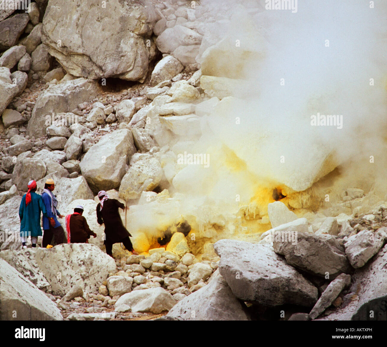 Mining sulpher on Mt. Sibayak volcano, in Sumatra, Indonesia Stock ...
