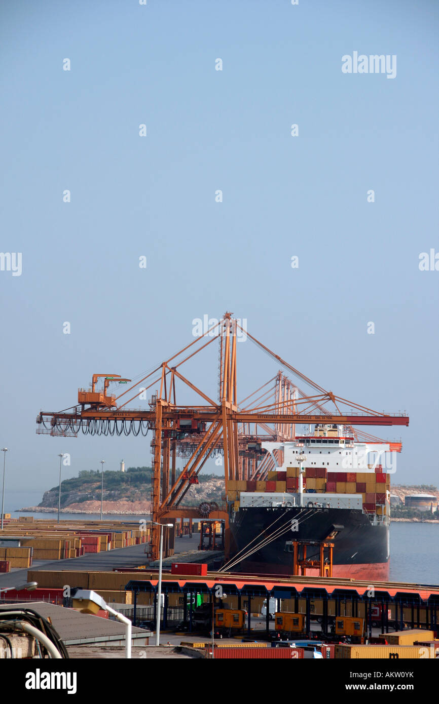 unloading container cargo ship at commercial port of piraeus athens ...