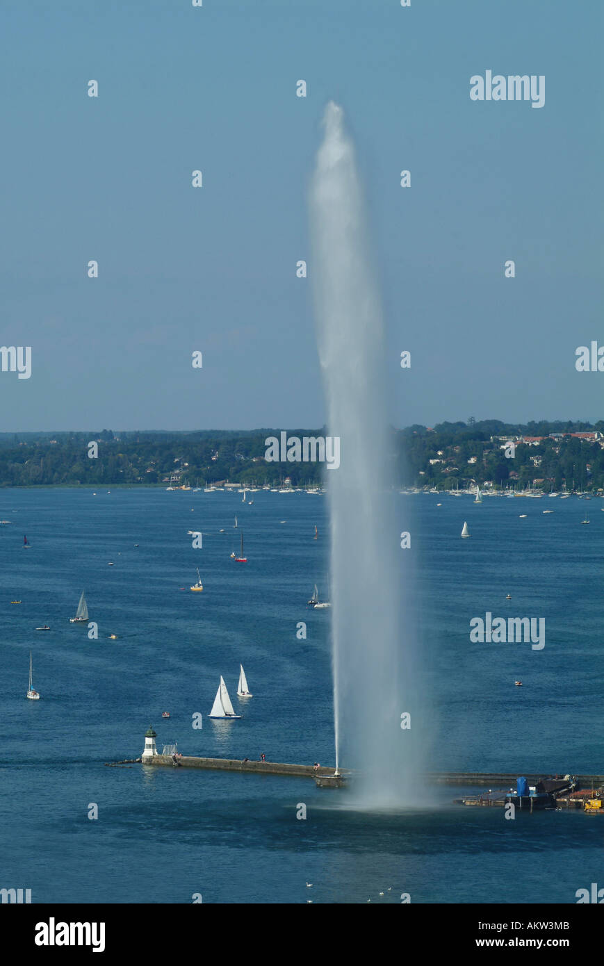 Jet d'Eau. Lac Leman. Geneva. Genève. View from tower of Cathédrale de ...