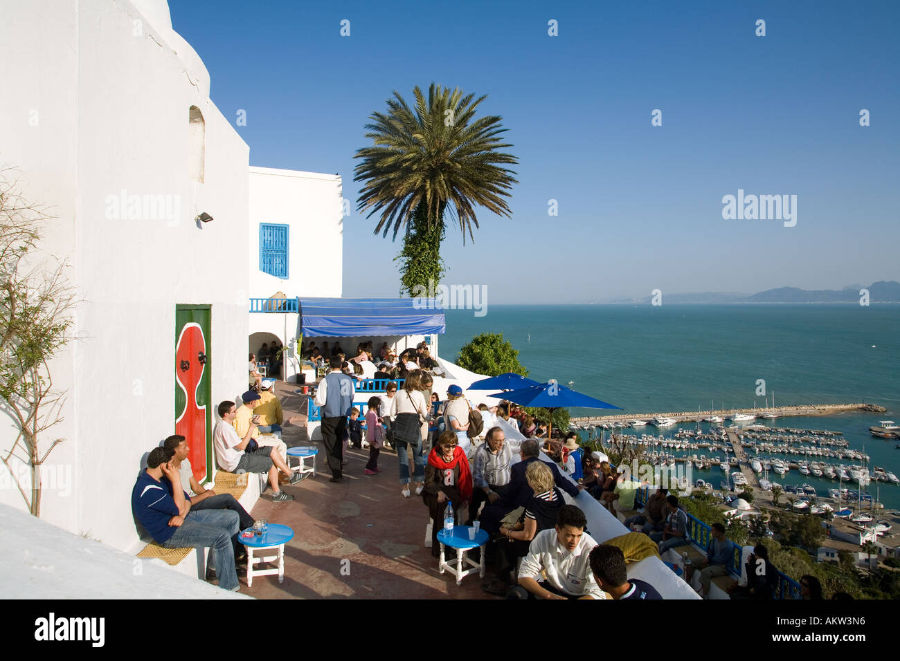 People sitting at Cafe Chebaane Sidi Bou Said Tunisia Stock Photo - Alamy