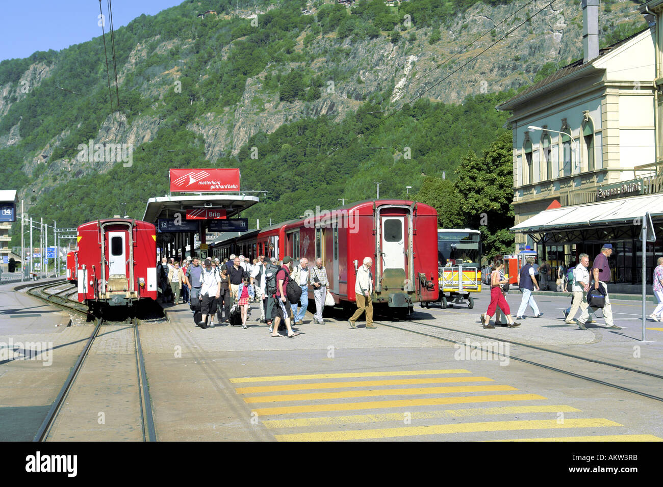 The Matterhorn Gotthard Railway Station in Brig on a sunny summer day ...