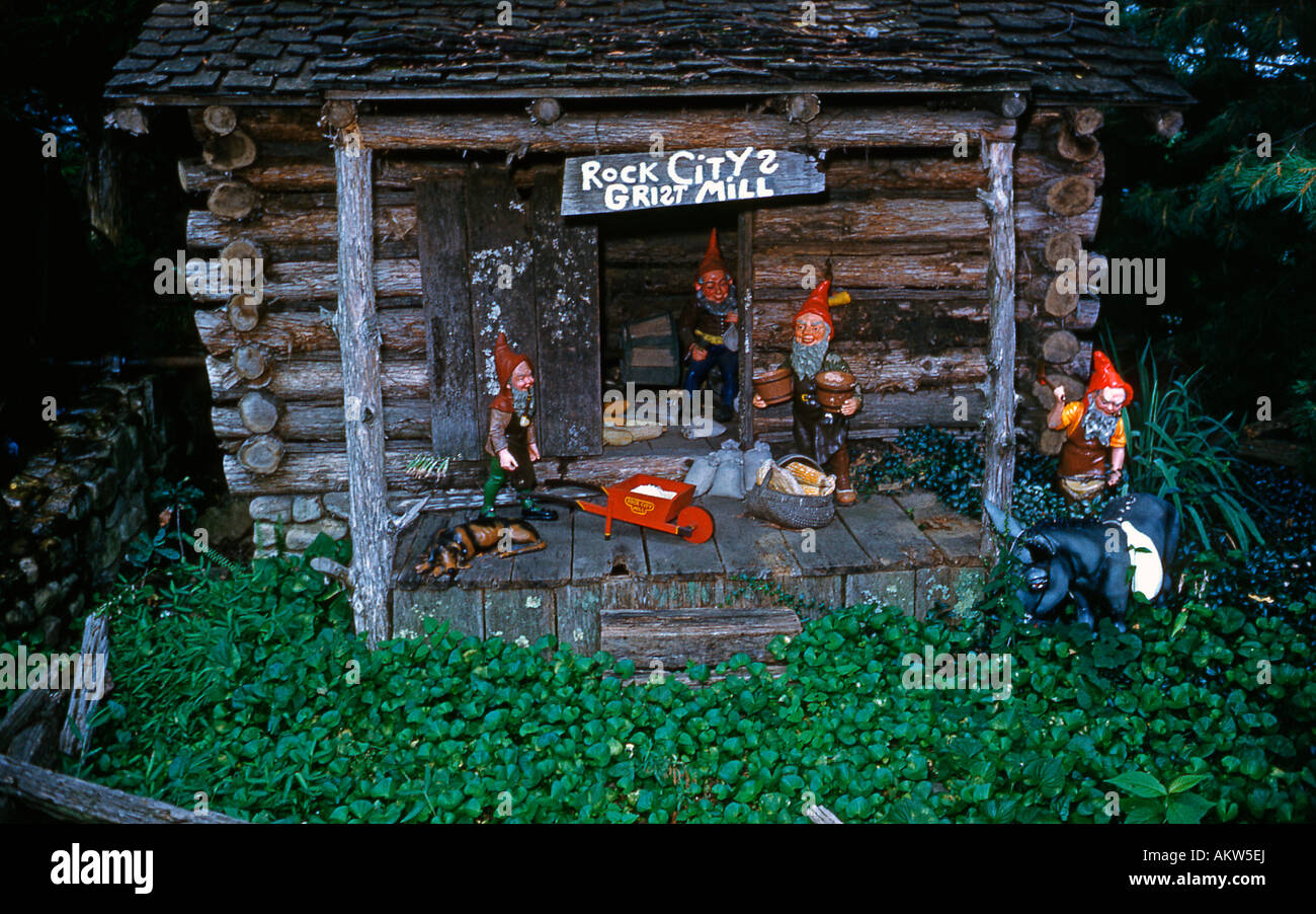Depiction of gnomes working at a grist mill in the rock garden, Rock ...