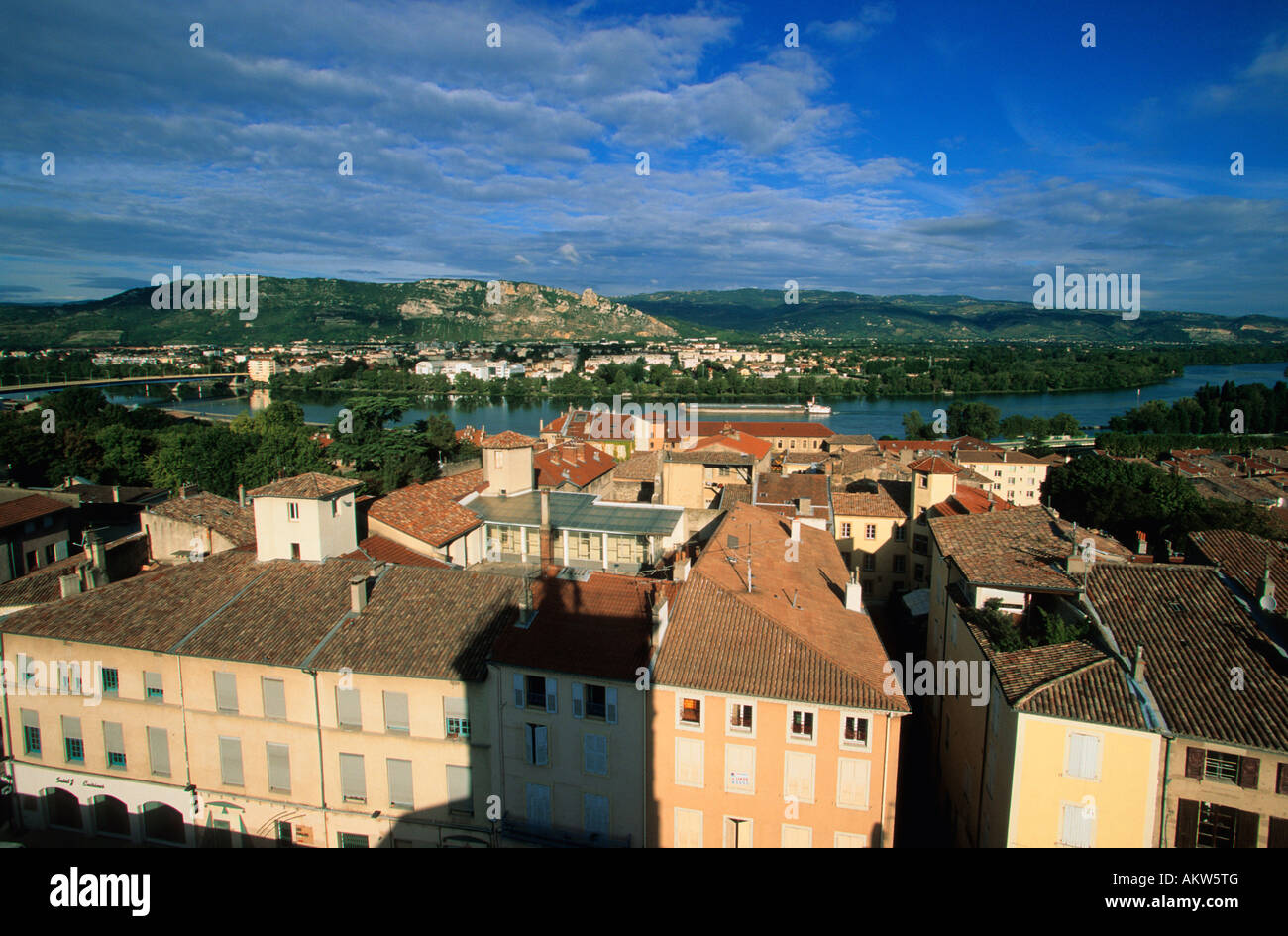 France, Drôme, Valence, roofs and Rhone River in the bacground, Crussol ...