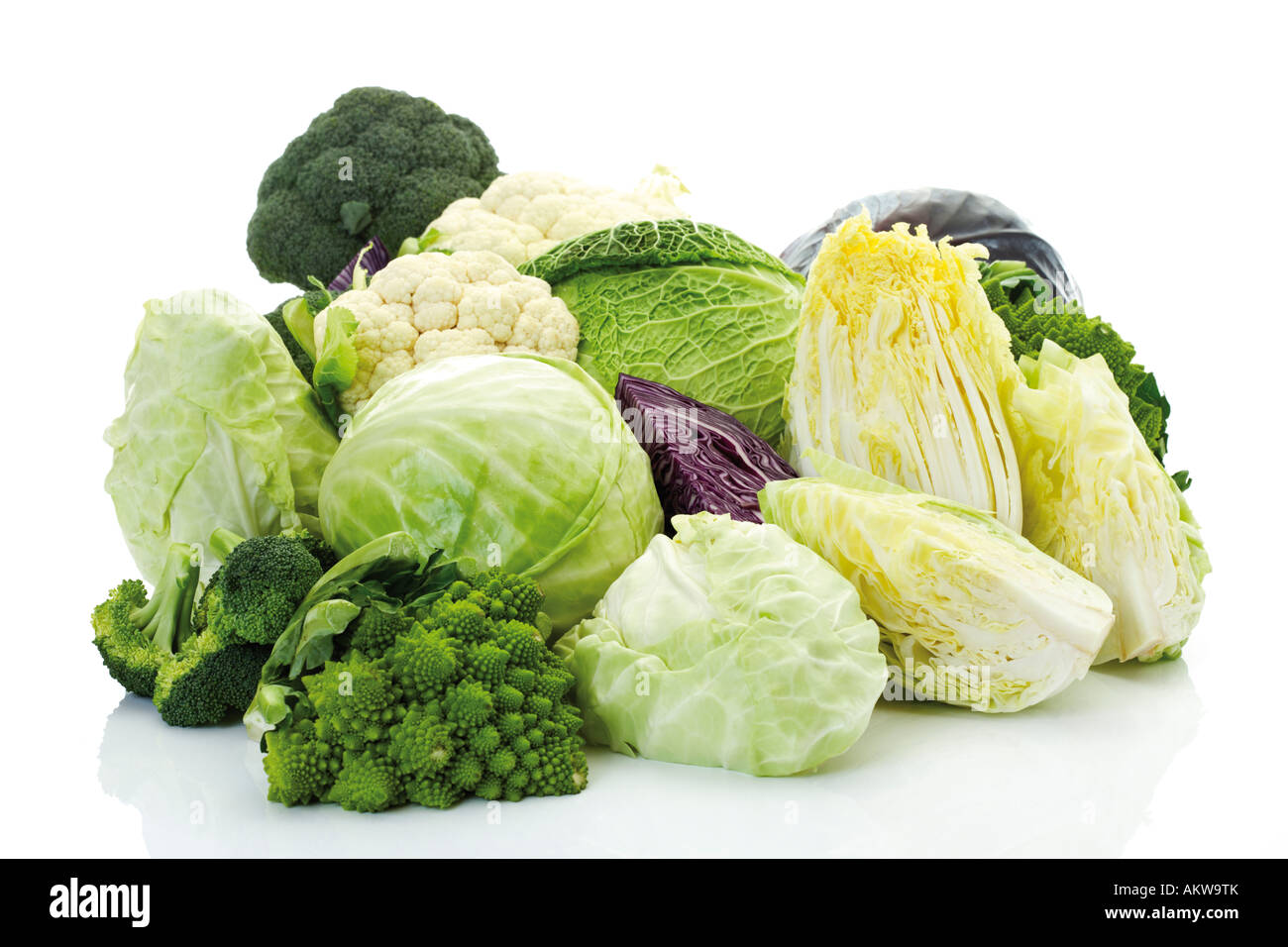 various fresh head cabbages cut out on white background Stock Photo - Alamy