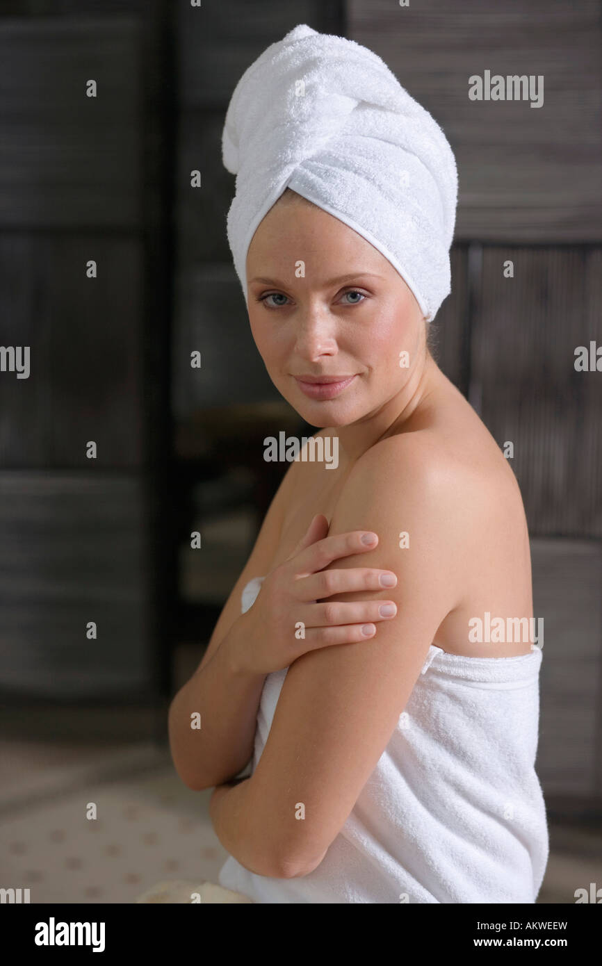 Germany, woman wearing towel turban Stock Photo - Alamy